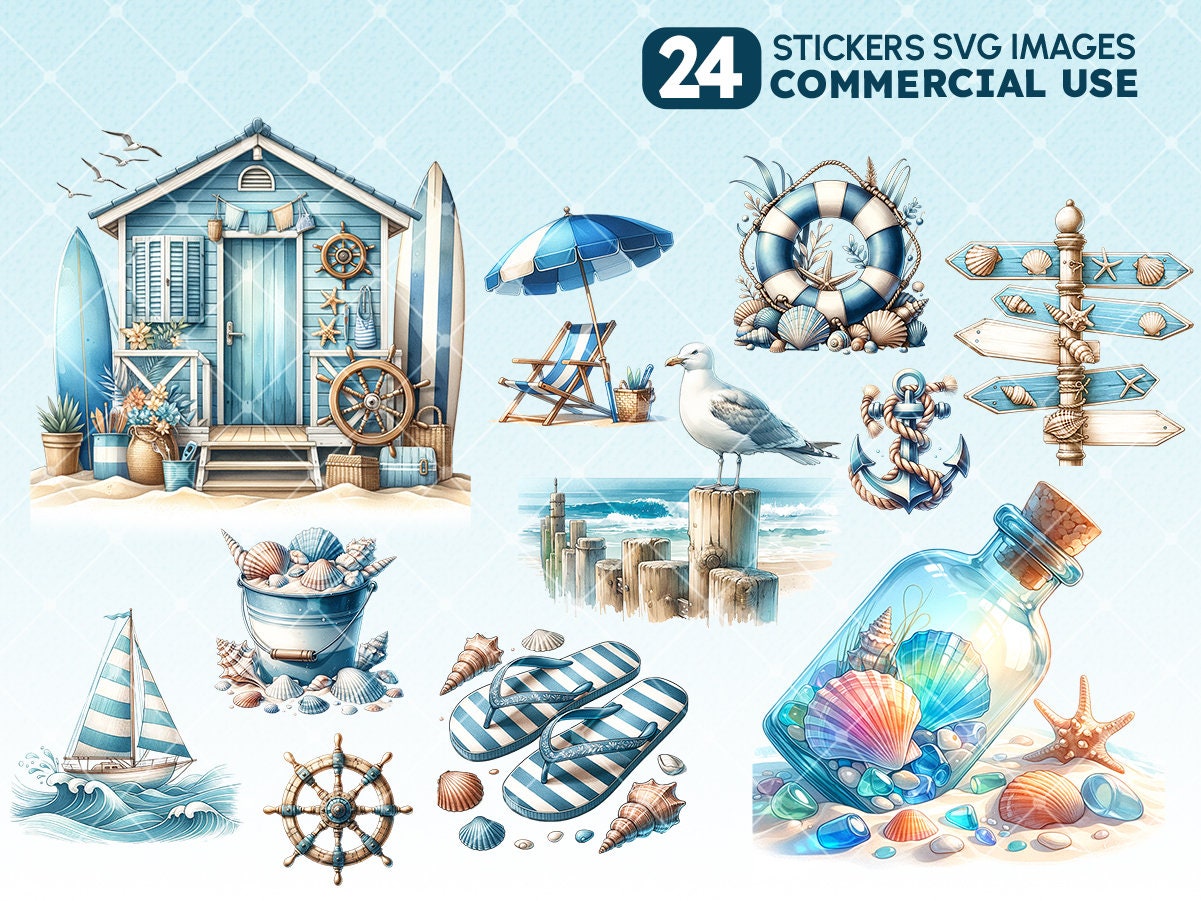 Watercolor Nautical Clipart Bundle: Beach & Ocean PNG, SVG Stickers - Etsy