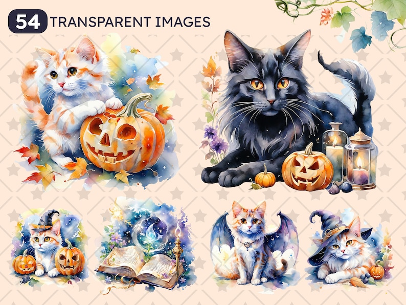 Watercolor Halloween Clipart Bundle: Witches, Cats, Spooky PNG ...