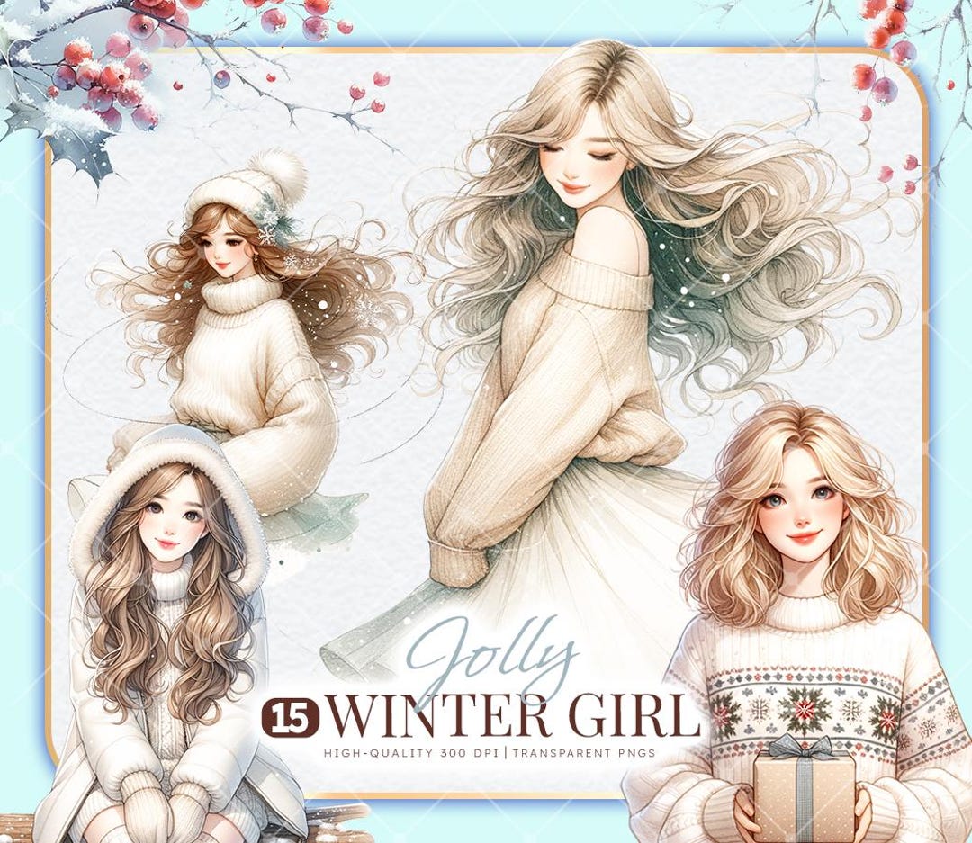 Kawaii Winter Girl Clipart Bundle, Cute Christmas Illustrations for ...