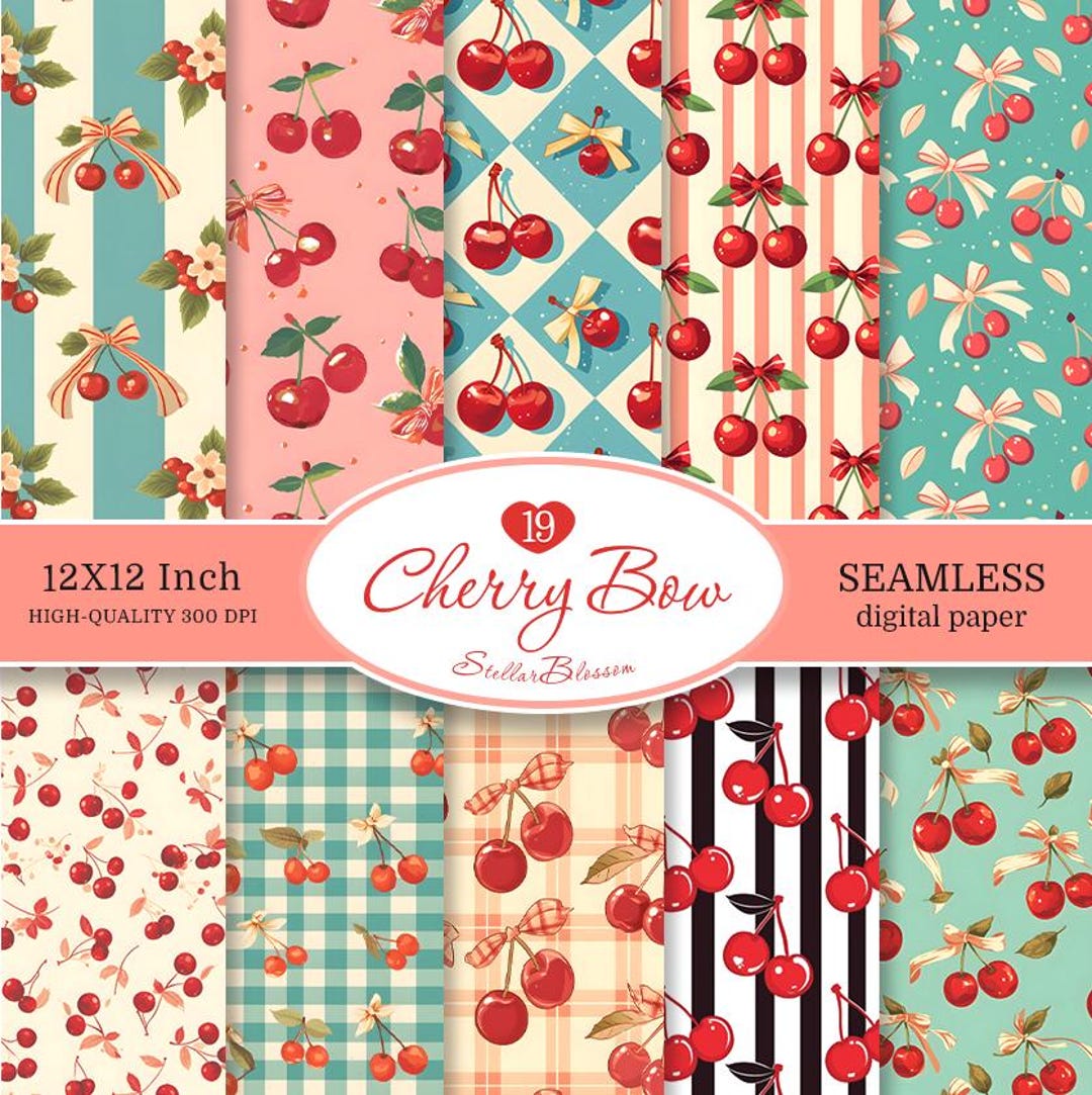 Cherry Bow Digital Paper: Vintage Seamless Patterns (JPG, 12x12 Inch ...