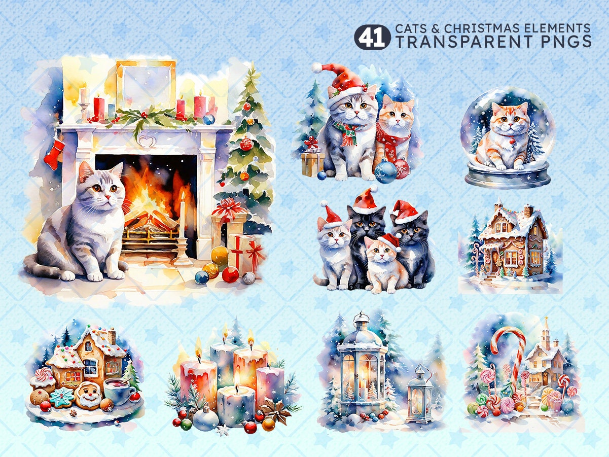 Watercolor Christmas Cat Clipart Bundle: 41 Festive PNG Files - Etsy