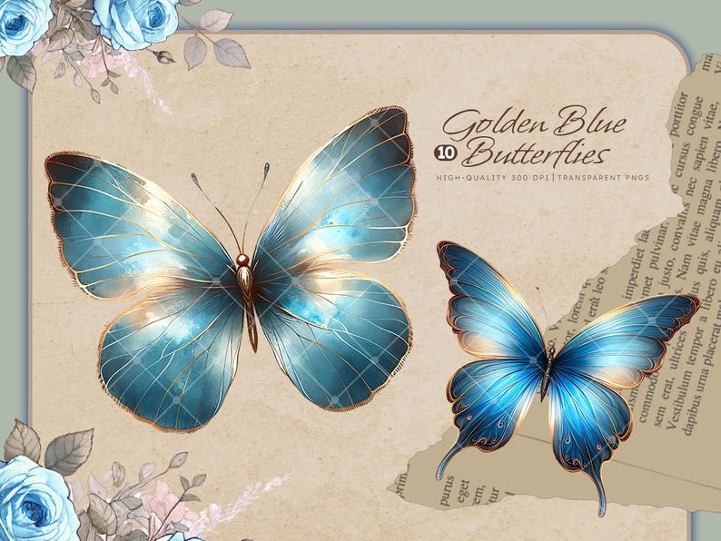 Blue & Gold Butterfly Clipart Bundle: Elegant PNG Graphics (commercial ...