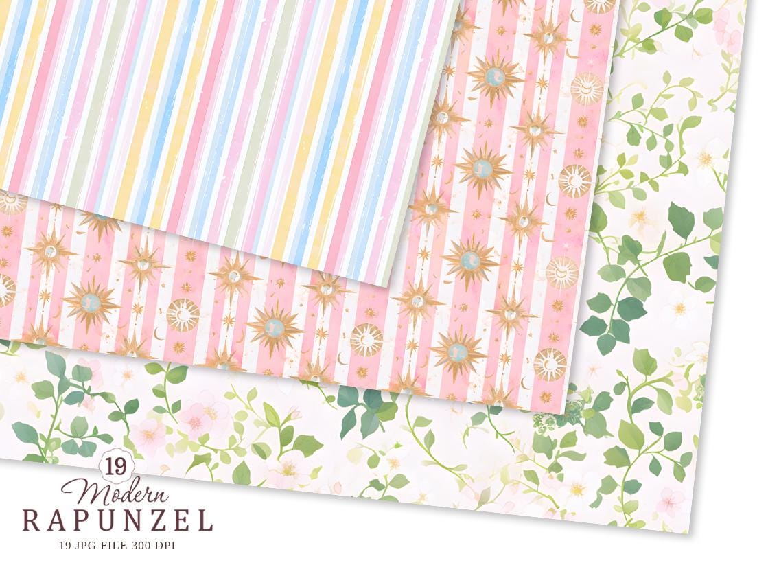 Modern Rapunzel Digital Paper Bundle, Pastel Floral Seamless ...