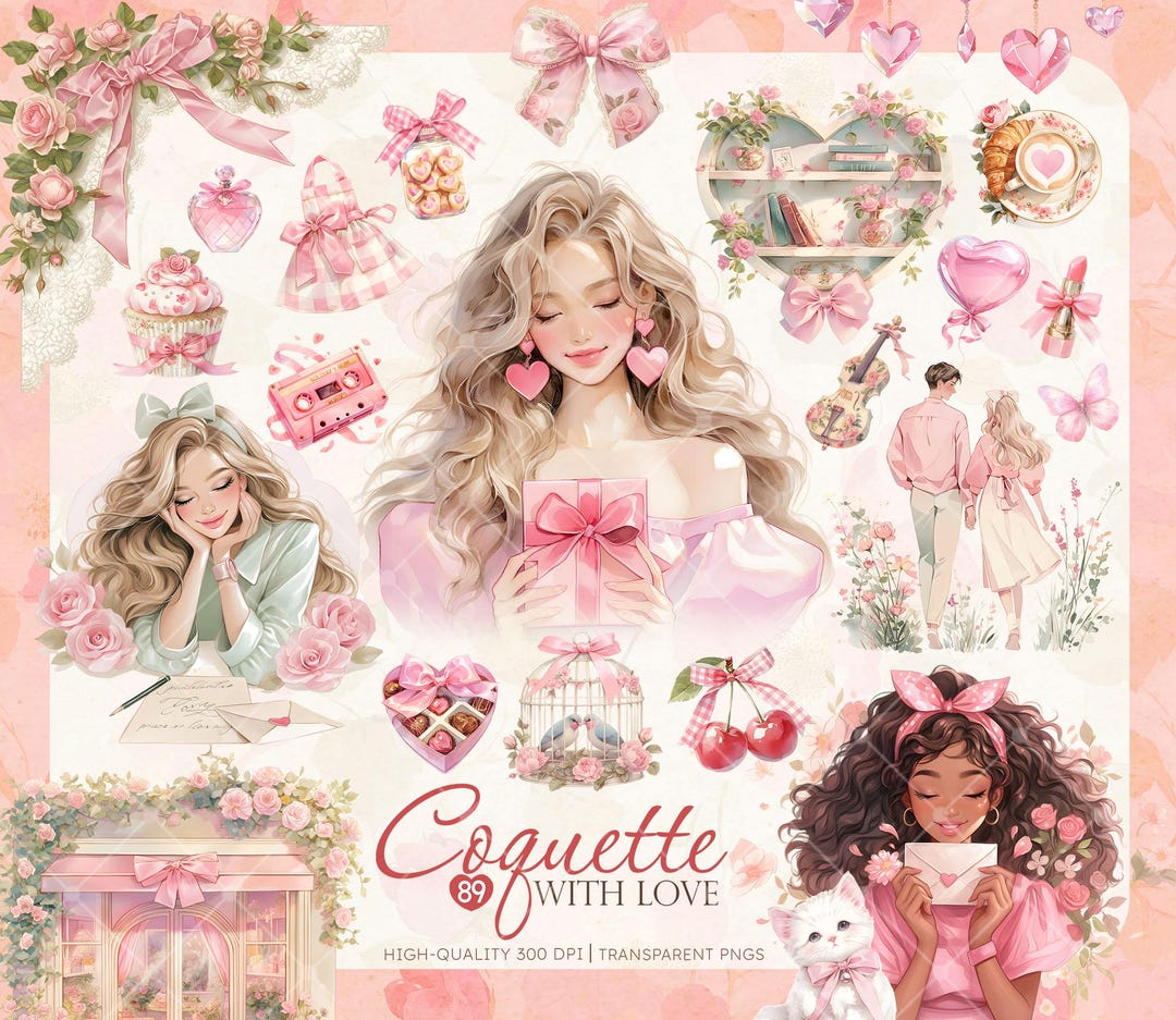 Coquette Valentine Clipart Bundle: Romantic Love Couple PNG (commercial ...