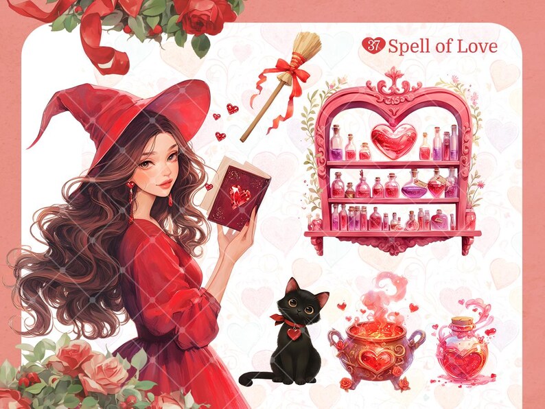 Love Spell Clipart Bundle: Red Witch Valentine's Theme (37 PNG Files ...