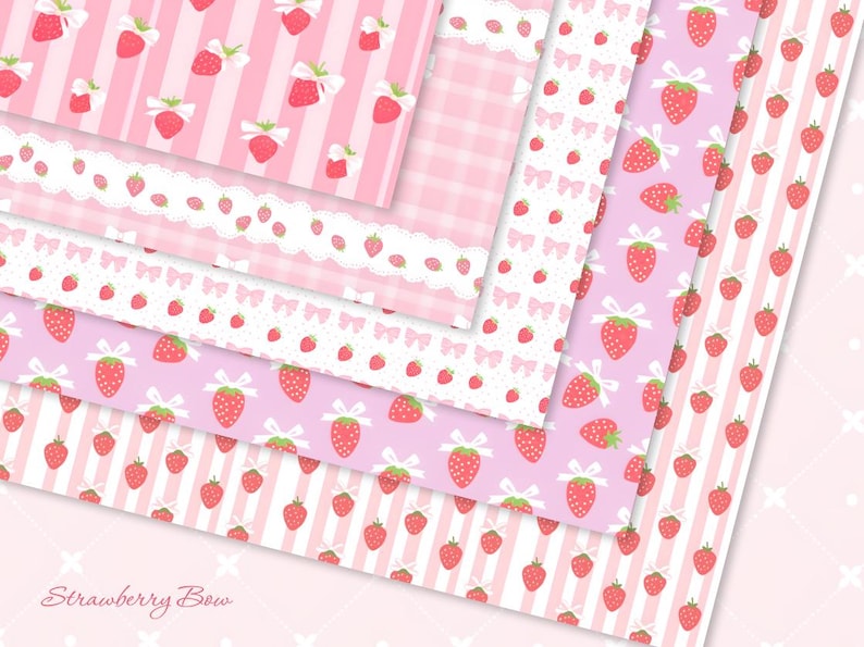 Strawberry Coquette Seamless Digital Paper, Pink Gingham Bow Pattern ...