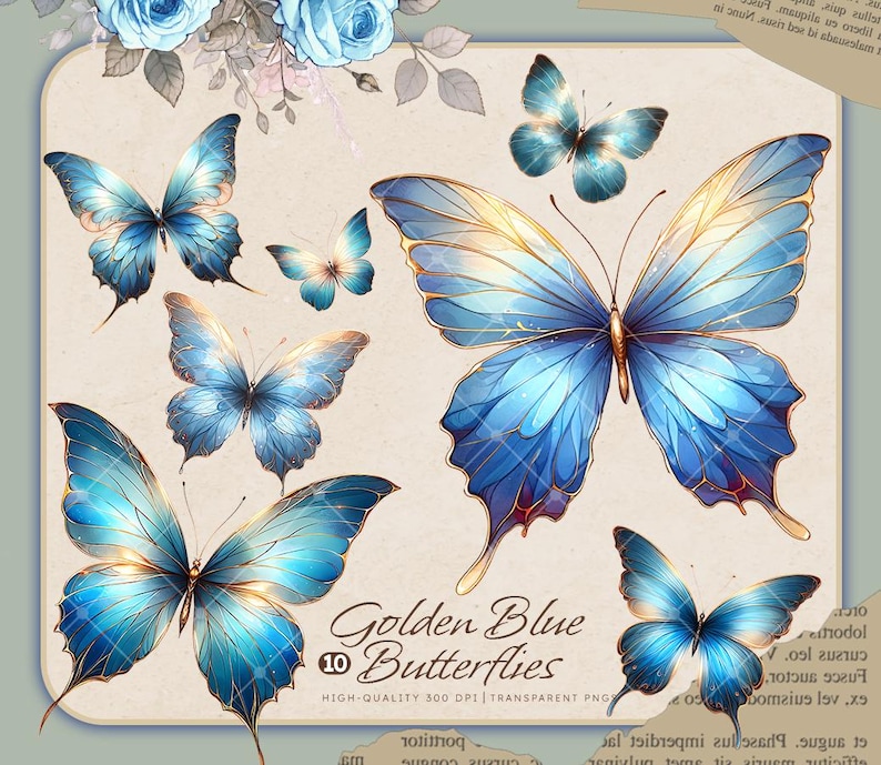Blue & Gold Butterfly Clipart Bundle: Elegant PNG Graphics (commercial ...