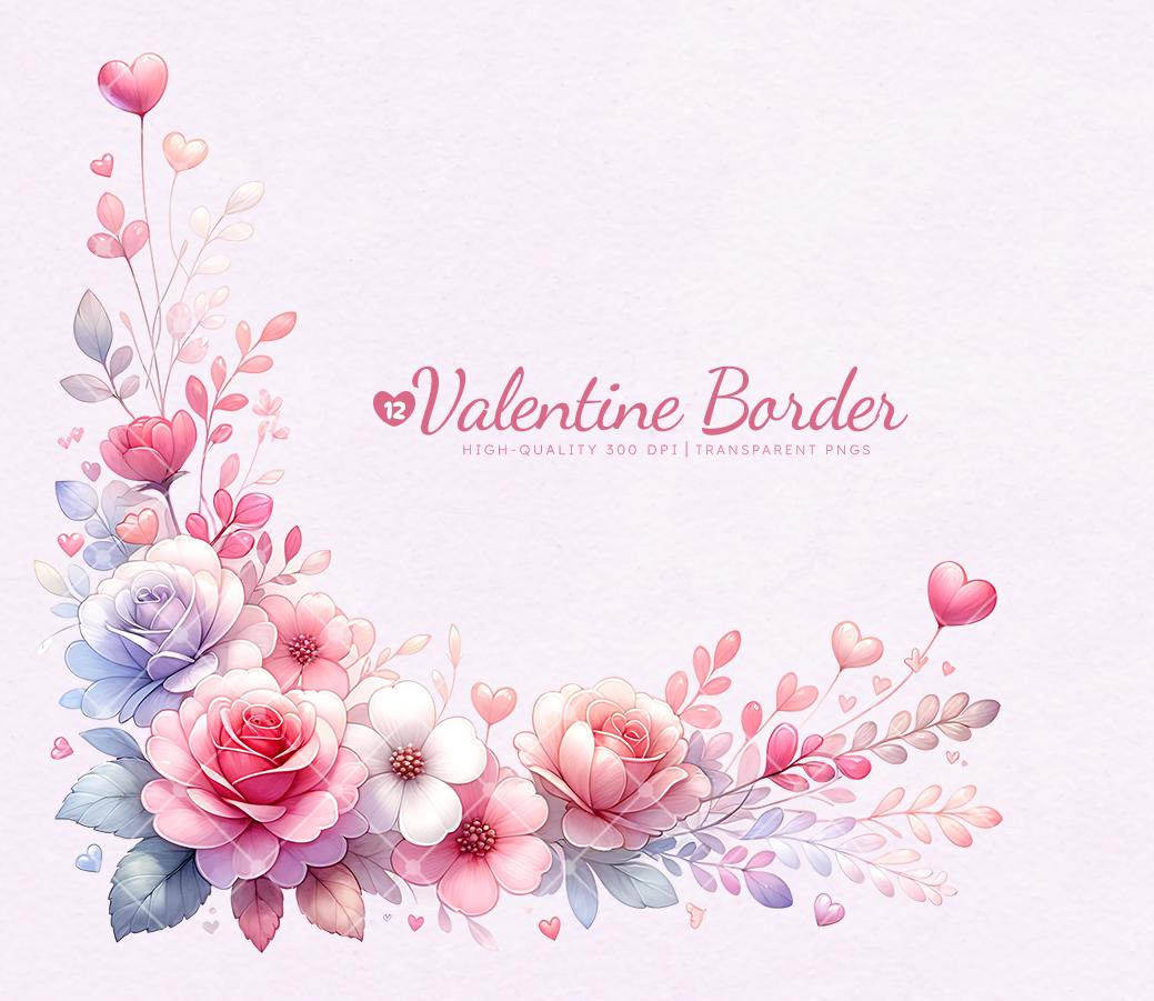 Valentine Border Clipart Bundle, Red, Pink Heart, Rose, Love Border ...