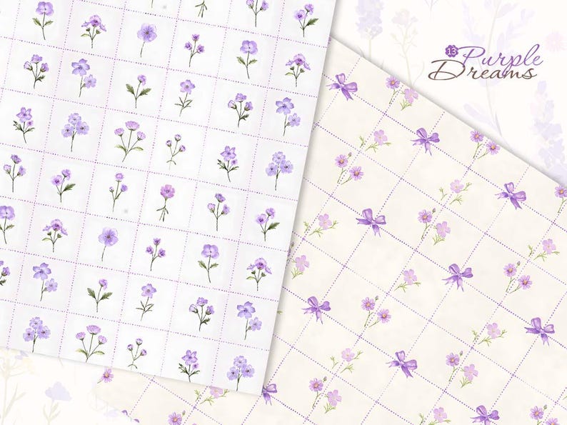 Purple Cottagecore Digital Paper: Lavender, Bunny, Bow (digital ...