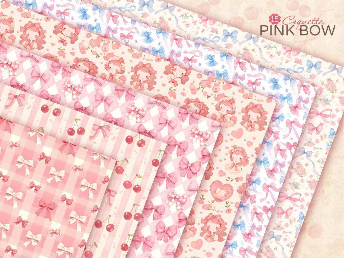 Pink Cherry Bow Seamless Pattern Bundle: Coquette Digital Papers ...