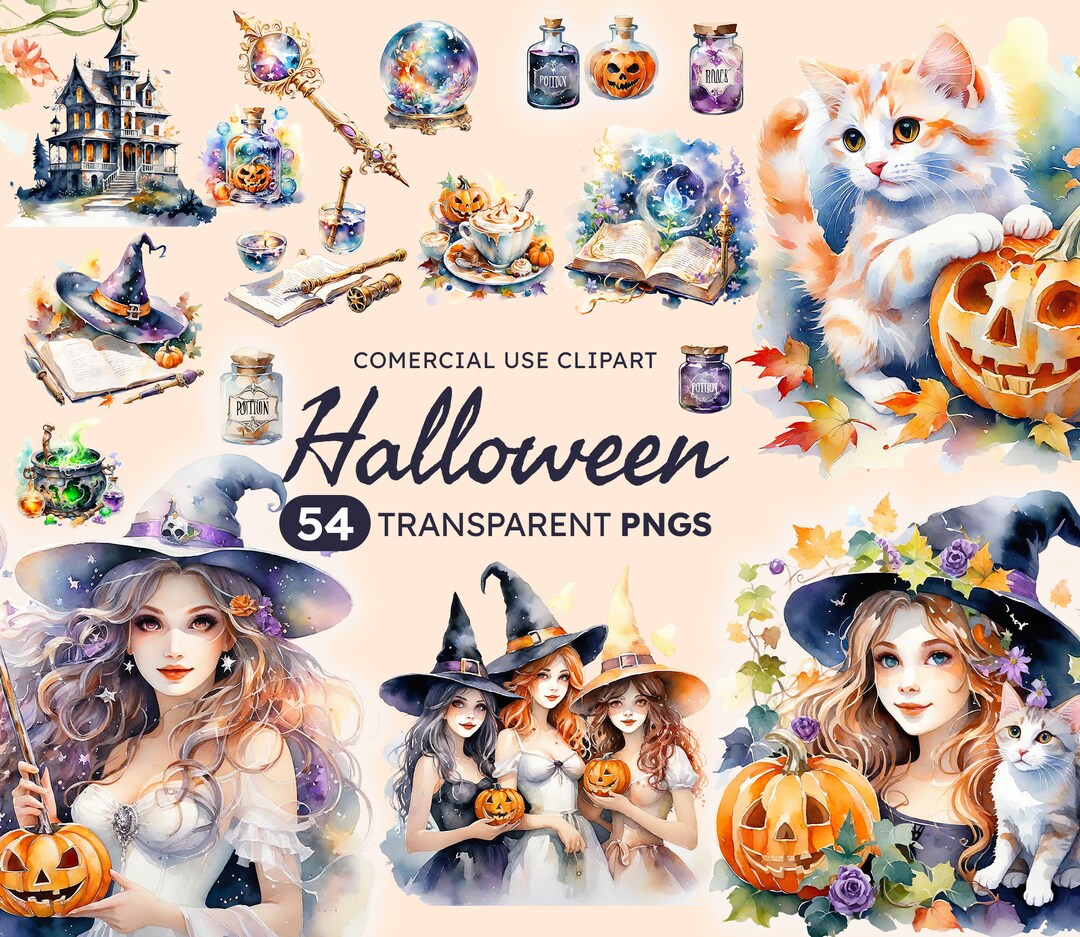 Watercolor Halloween Clipart Bundle: Witches, Cats, Spooky PNG ...