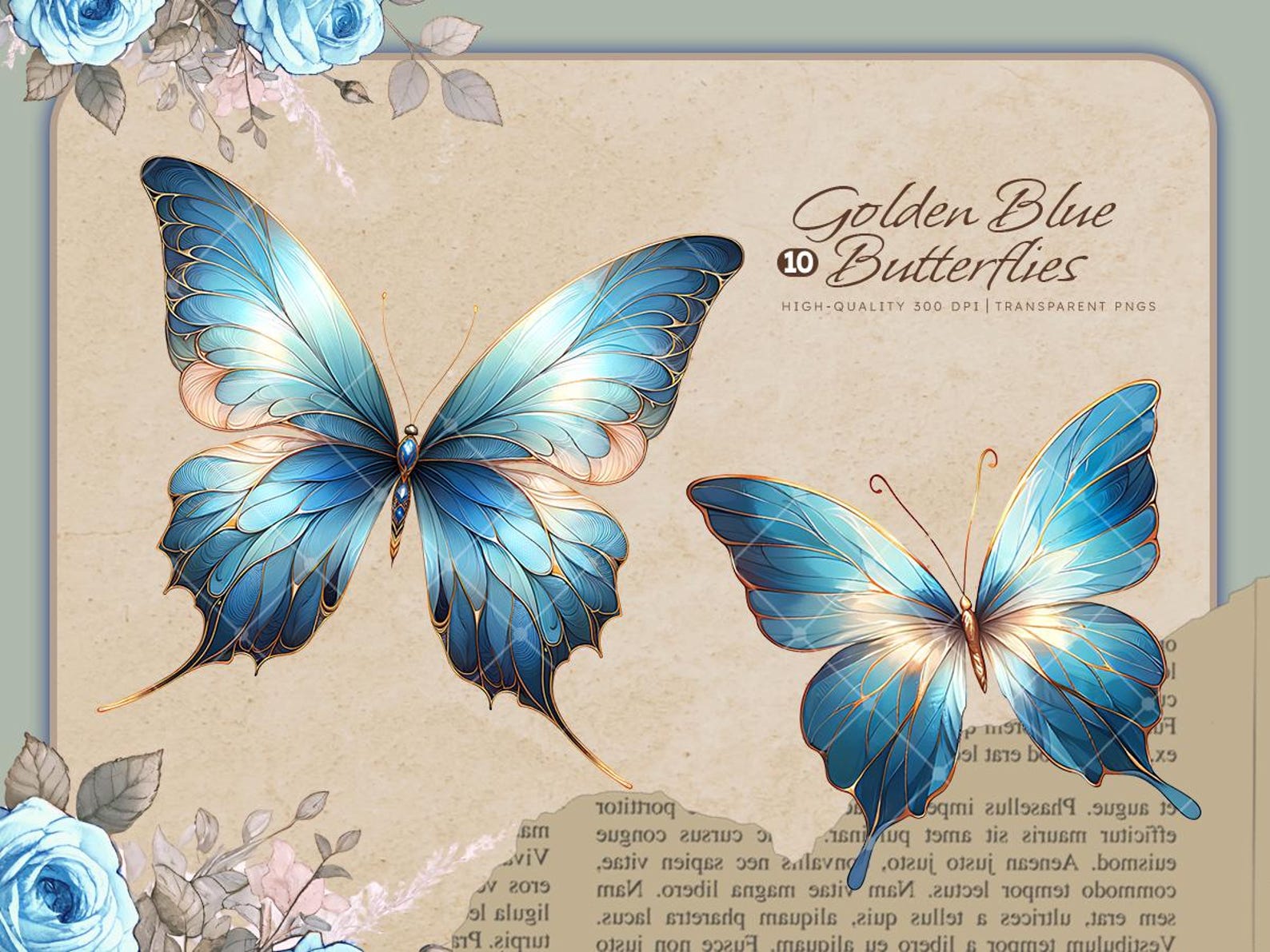 Blue & Gold Butterfly Clipart Bundle: Elegant PNG Graphics (commercial ...