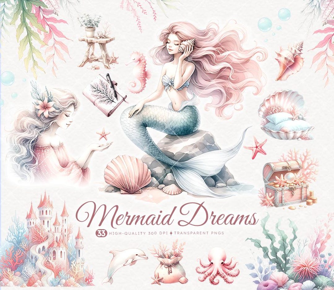 Watercolor Mermaid Clipart Bundle, Cute Ocean Animal, Underwater ...