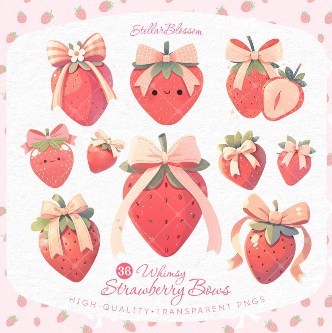 Whimsy Strawberry Bows Clipart Bundle, Cute Pink Strawberry Graphics ...
