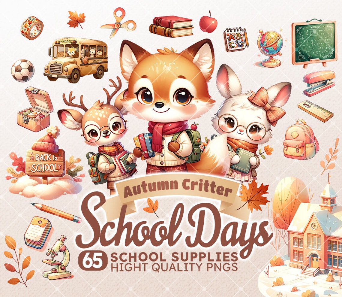 Autumn Critter School Clipart: Back to School PNG Bundle (65 Files) - Etsy