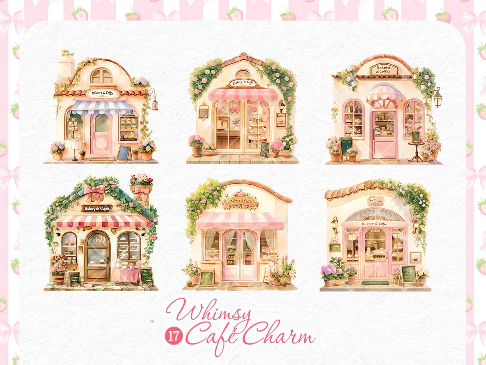 Whimsy Pink Cafe Clipart Bundle: Cottagecore Bakery Pngs (commercial ...
