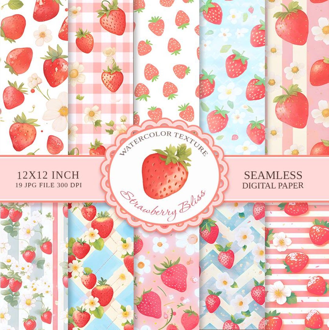 Strawberry Bliss Seamless Digital Paper, Watercolor Strawberry Pattern ...