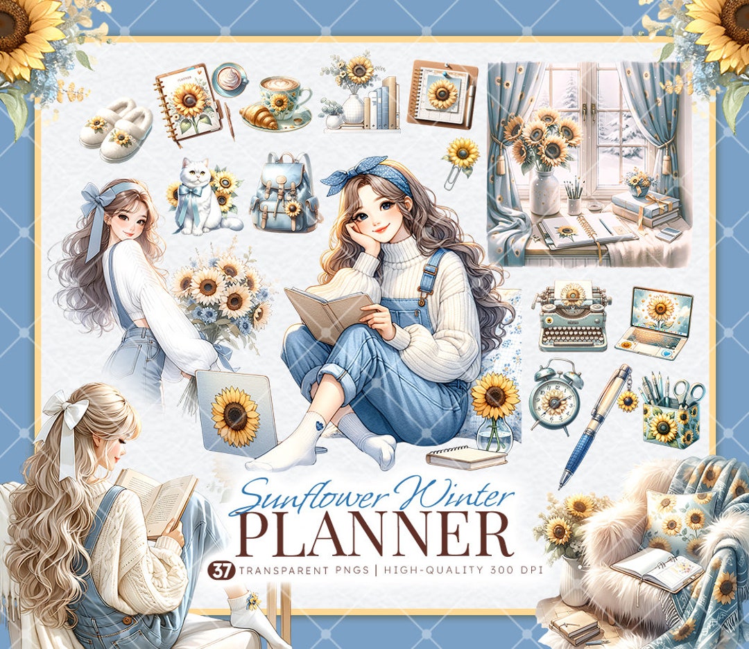 Sunflower Winter Planner Clipart: Kawaii Girls, Watercolor Style (PNG ...