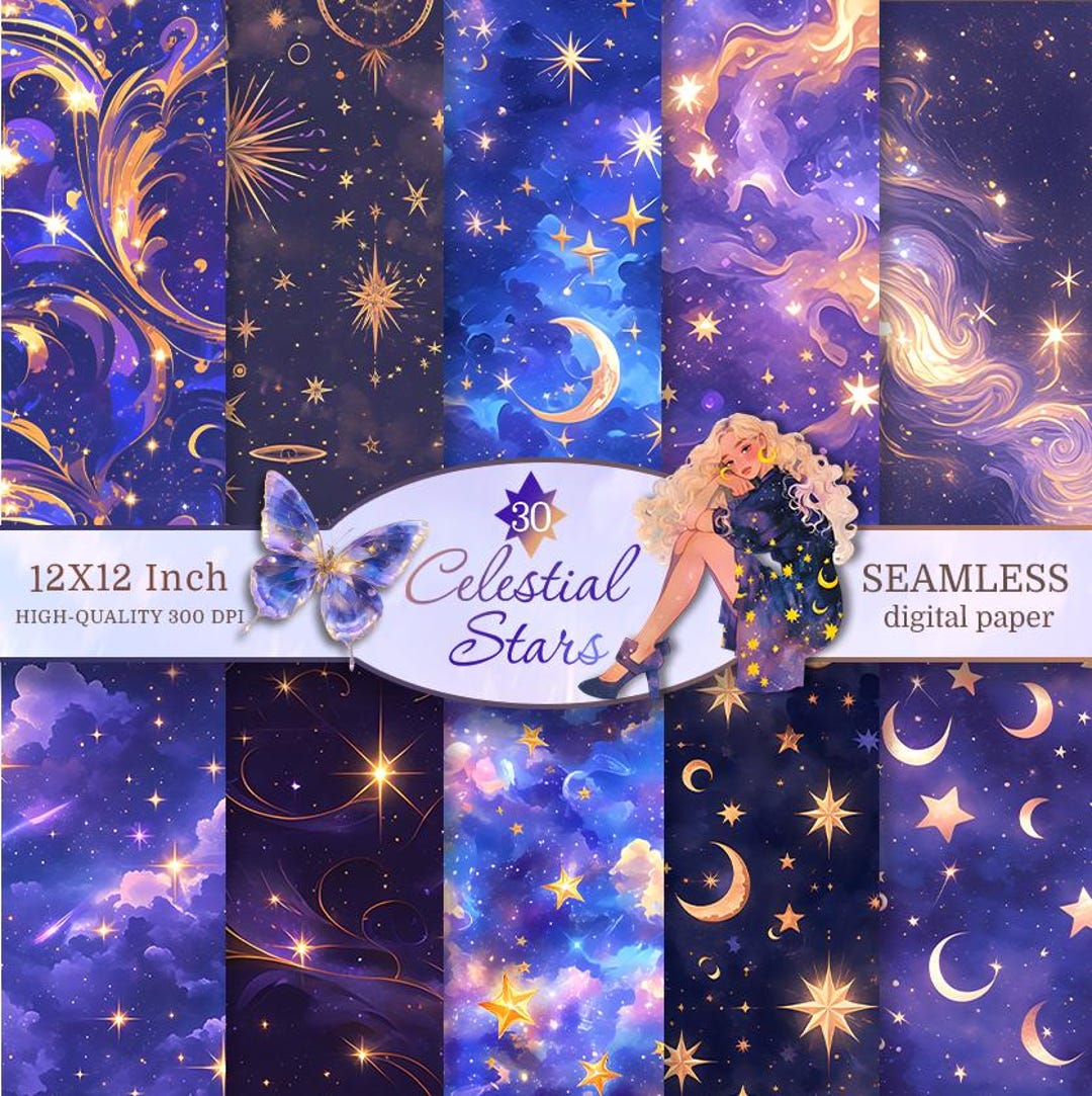 Celestial Starry Night Digital Paper: Abstract Cosmic Patterns (JPG ...
