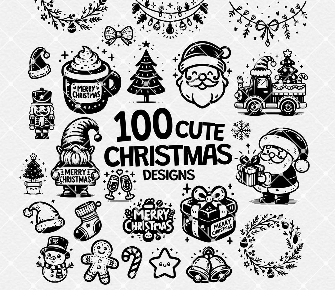 Cute Christmas Clipart Bundle, Black and White Line Art (PNG ...