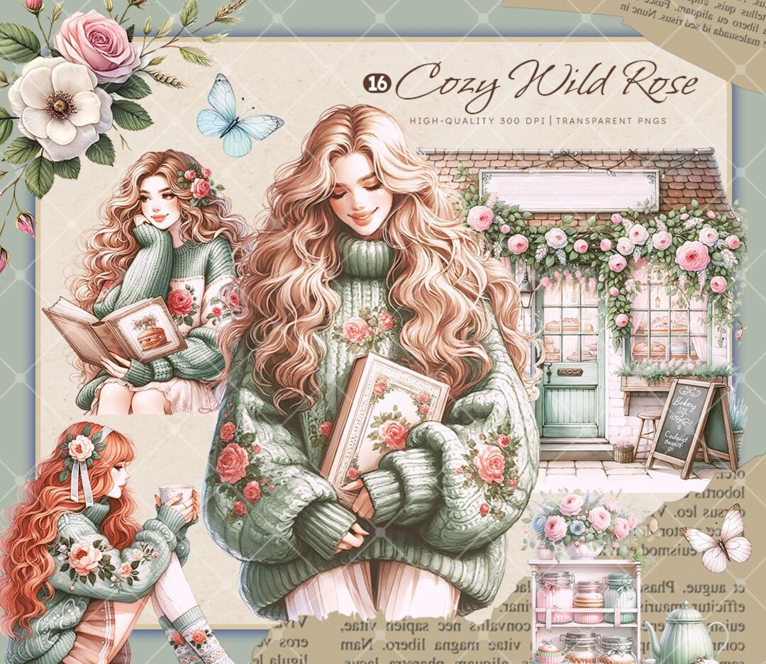 Vintage Wild Rose Clipart Bundle, Floral Winter Journal Stickers, Books ...