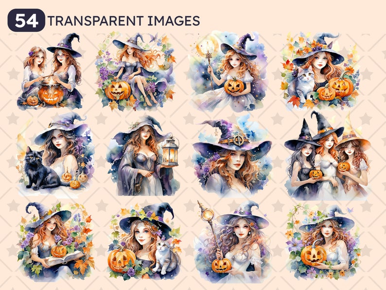 Watercolor Halloween Clipart Bundle: Witches, Cats, Spooky PNG ...