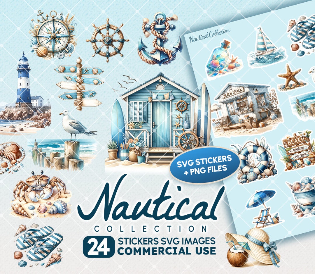 Watercolor Nautical Clipart Bundle: Beach & Ocean PNG, SVG Stickers - Etsy