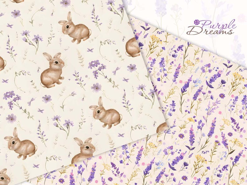 Purple Cottagecore Digital Paper: Lavender, Bunny, Bow (digital ...