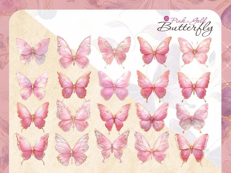 Pink and Gold Butterfly Clipart Bundle: Elegant Graphics (commercial ...