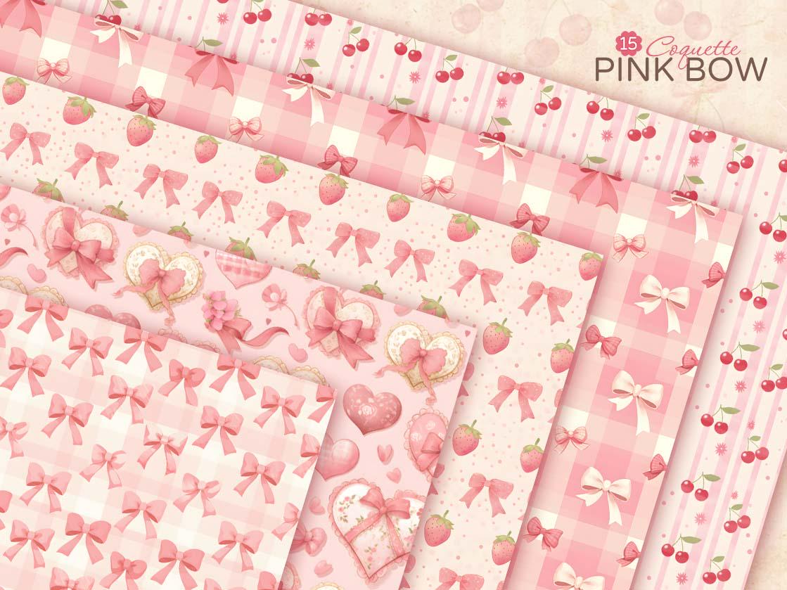 Pink Cherry Bow Seamless Pattern Bundle: Coquette Digital Papers ...