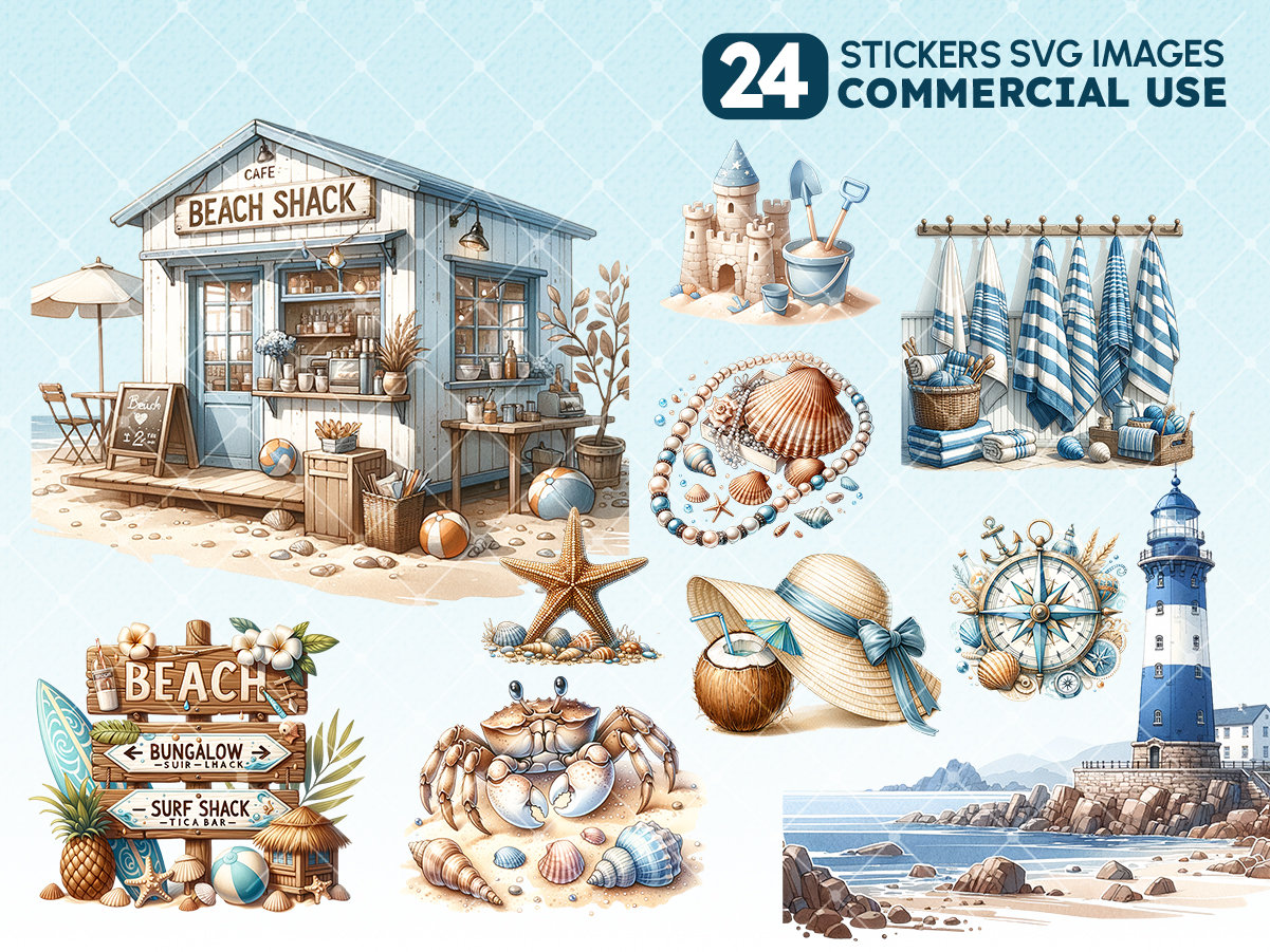 Watercolor Nautical Clipart Bundle: Beach & Ocean PNG, SVG Stickers - Etsy