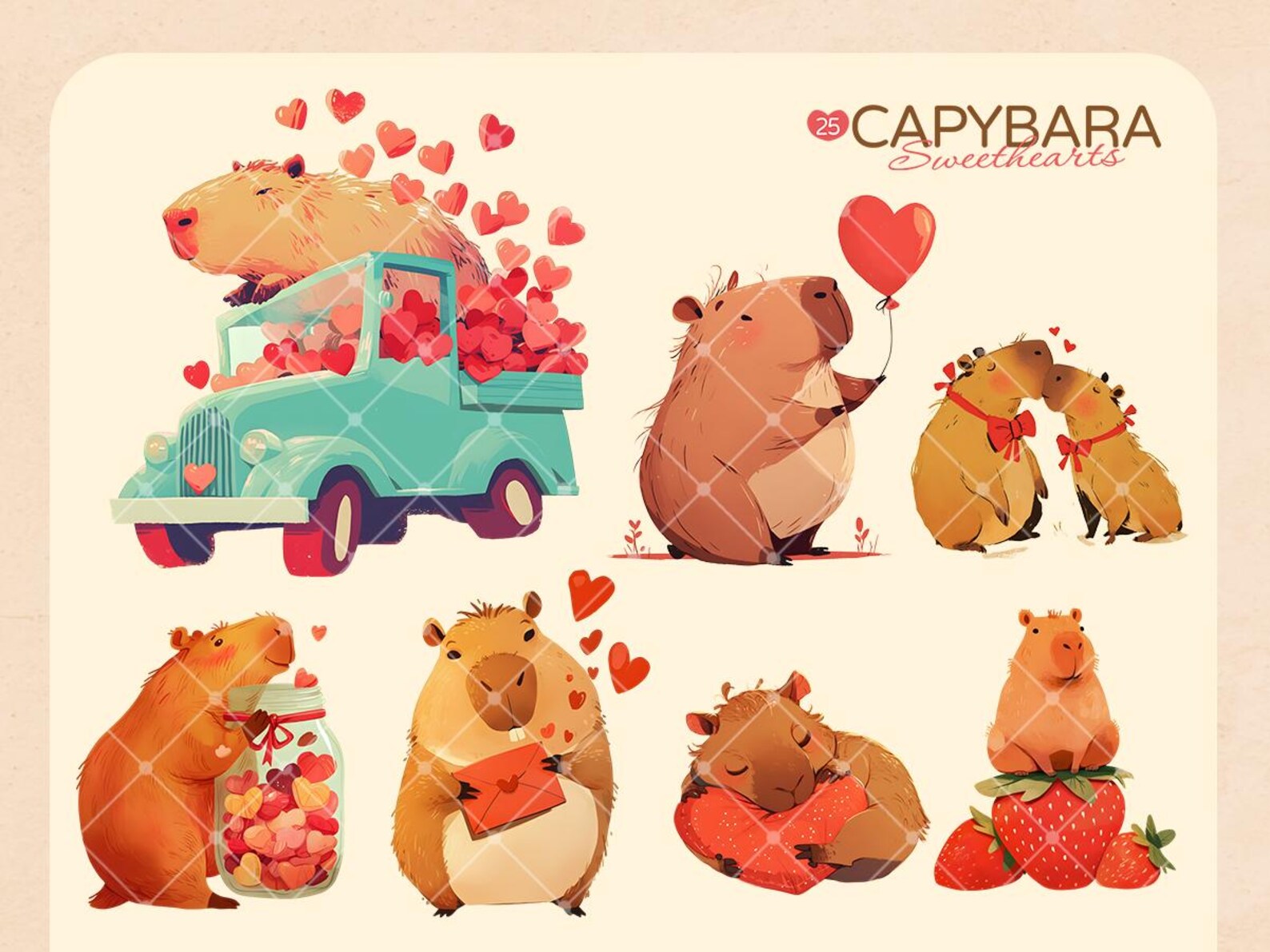 Old-fashioned Capybara in Love Clipart Bundle, Vintage Valentine’s Day ...
