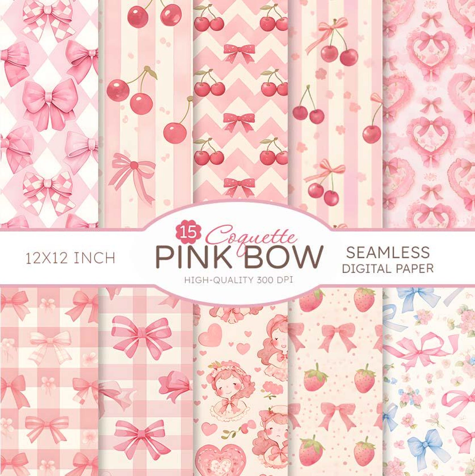 Pink Cherry Bow Seamless Pattern Bundle: Coquette Digital Papers ...