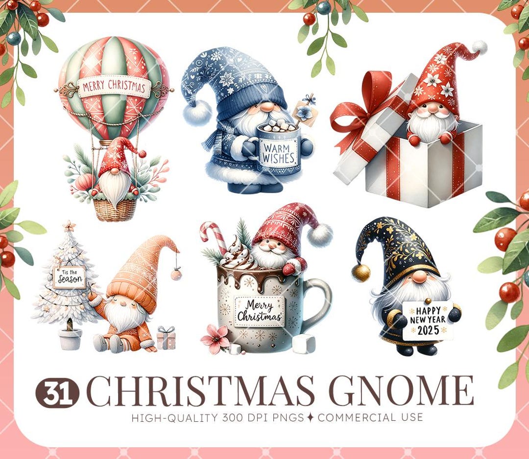 Watercolor Cute Gnomes Clipart Bundle, Chirstmas Clipart, High Quality ...