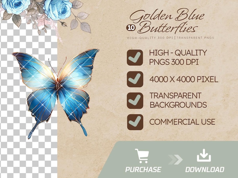 Blue & Gold Butterfly Clipart Bundle: Elegant PNG Graphics (commercial ...