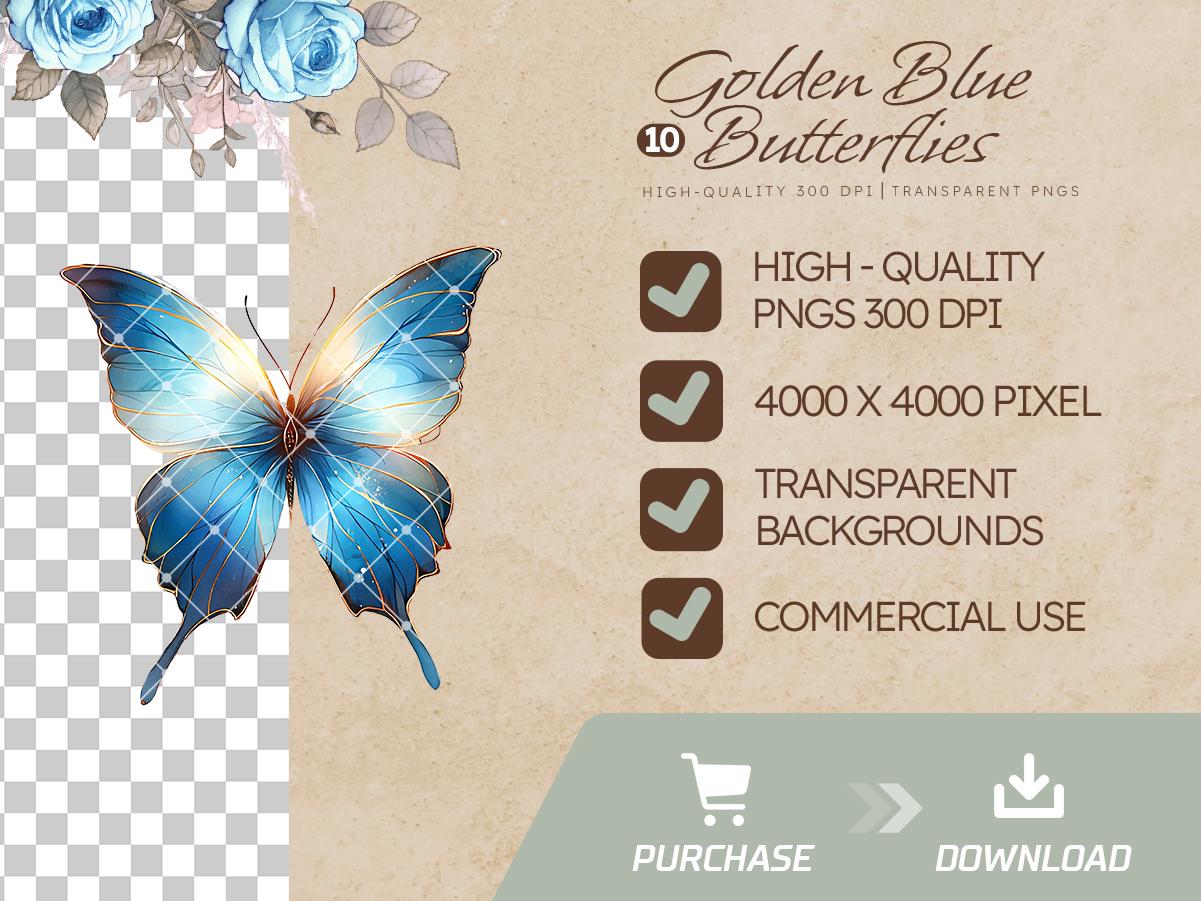 Blue & Gold Butterfly Clipart Bundle: Elegant PNG Graphics (commercial ...