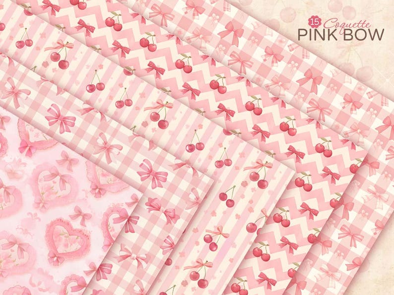 Pink Cherry Bow Seamless Pattern Bundle: Coquette Digital Papers ...