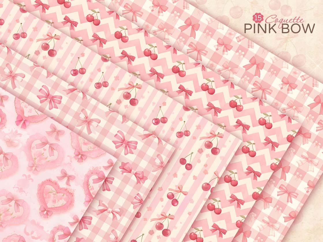 Pink Cherry Bow Seamless Pattern Bundle: Coquette Digital Papers ...