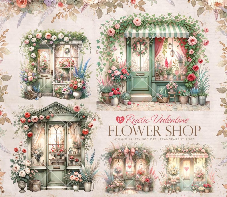 Rustic Valentine Flower Shop Clipart Bundle (PNG Digital Download) - Etsy