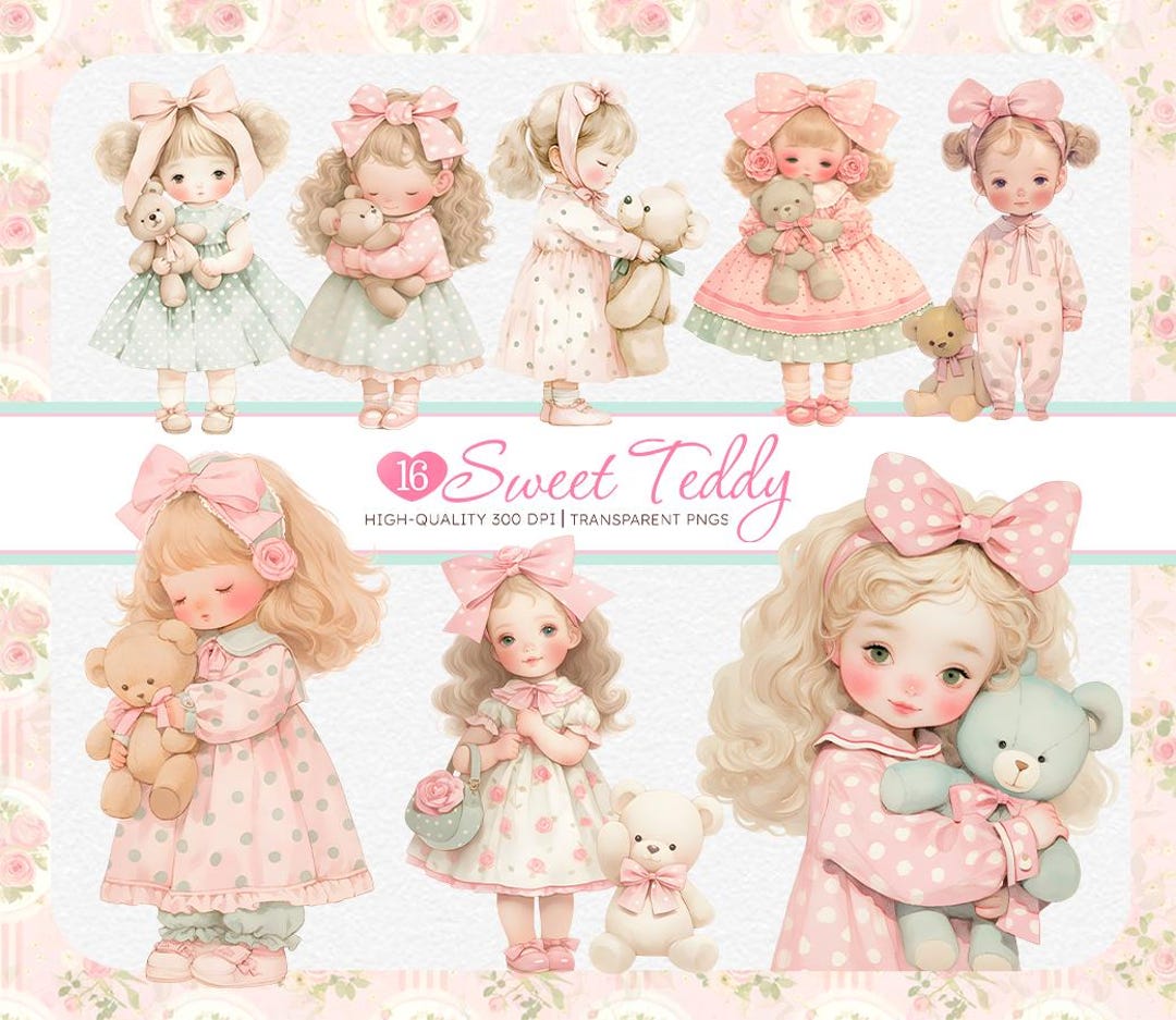 Sweet Teddy Clipart Bundle, Cute Toddler Girls With Teddy Bear, Pastel ...