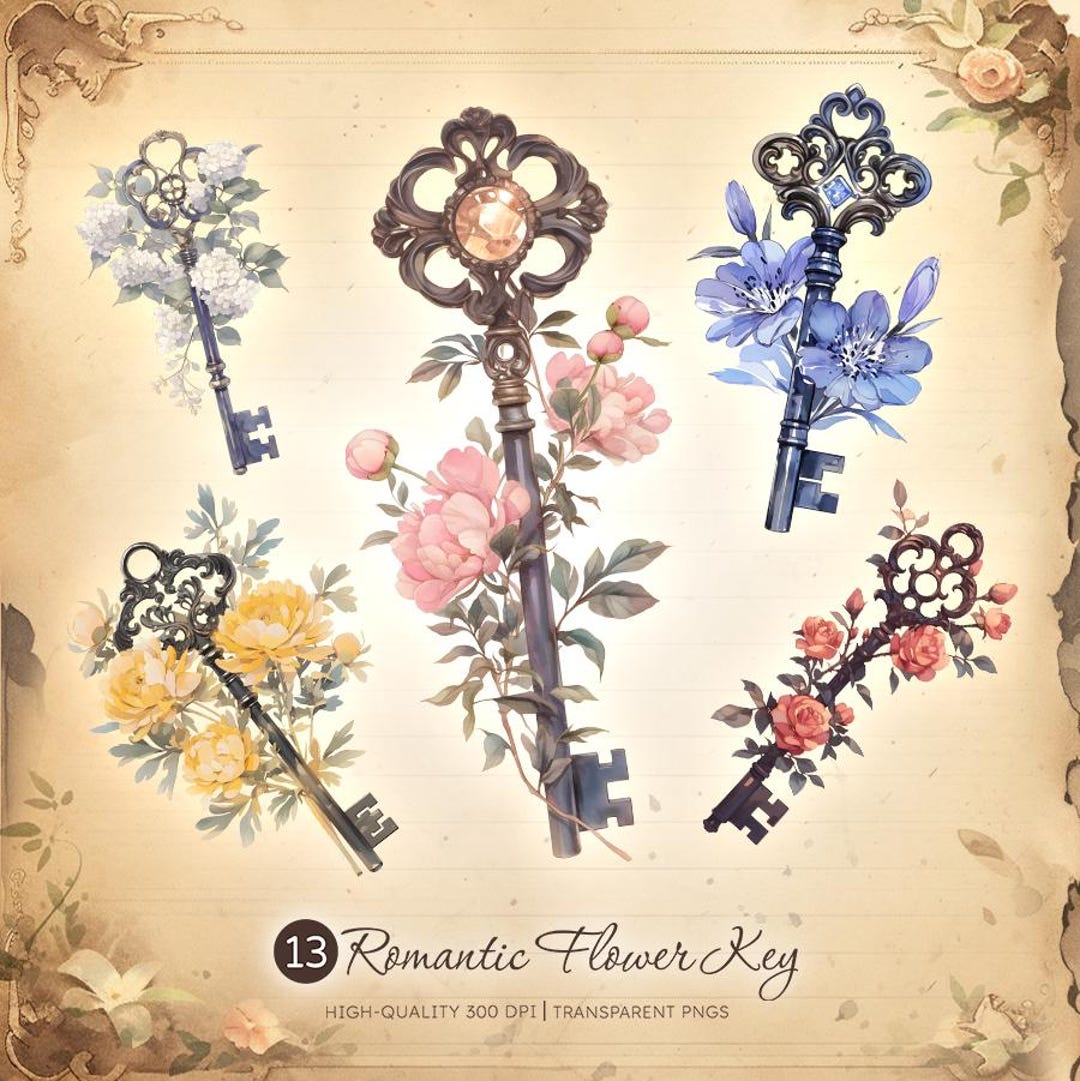 Romantic Flower Key Clipart Bundle, Vintage Aesthetic, Victorian Key ...