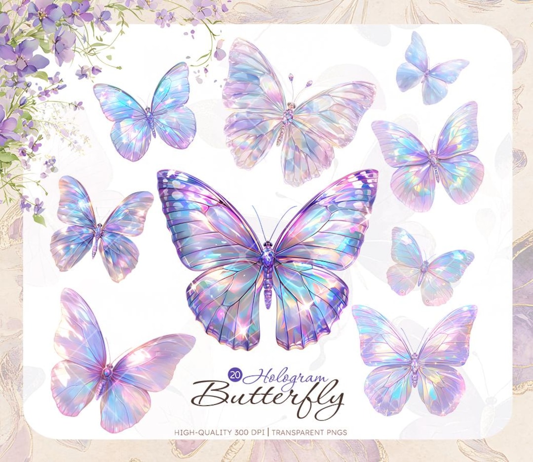 Hologram Butterfly Clipart Bundle: Shimmering PNG Graphics (commercial ...
