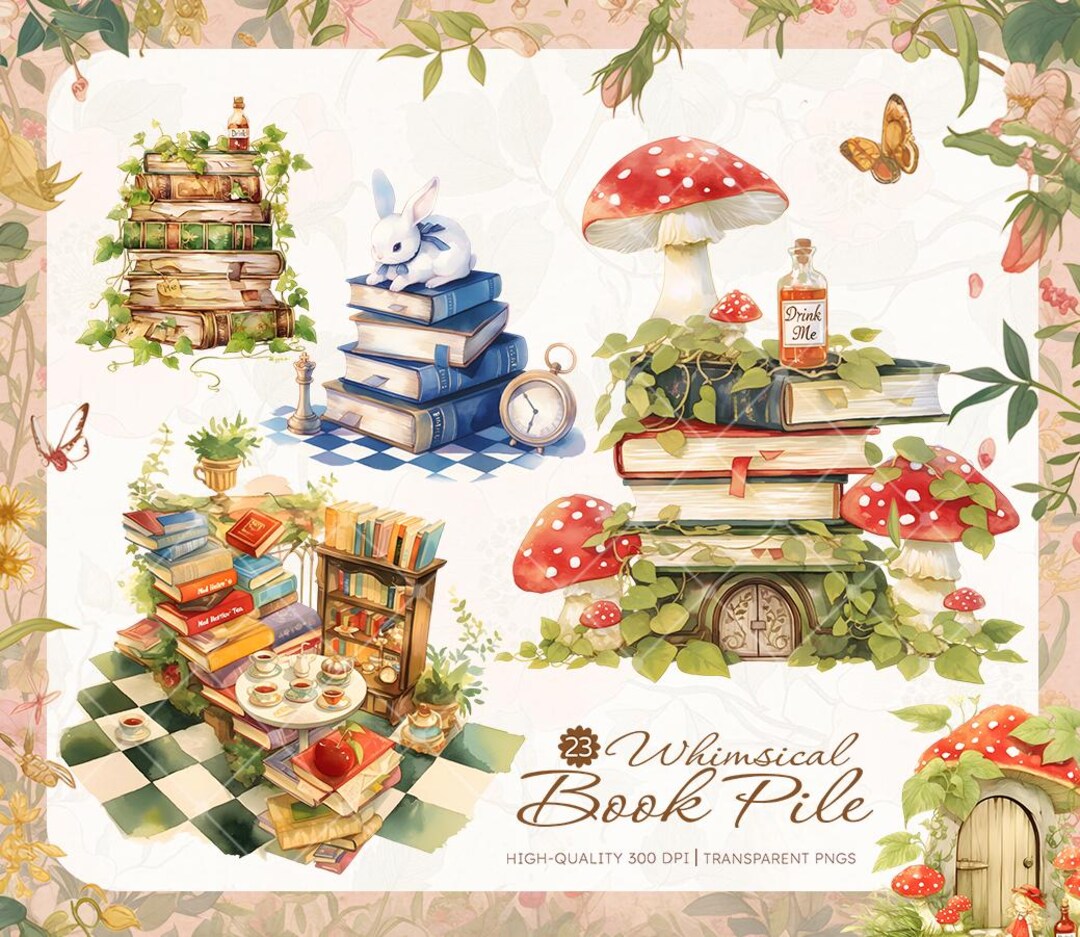 Wonderland Book Pile Clipart Bundle, Whimsical Stack of Books ...