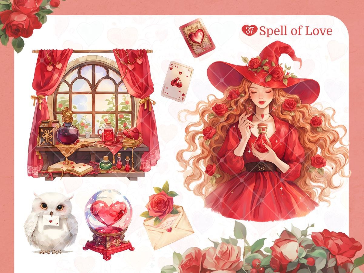 Love Spell Clipart Bundle: Red Witch Valentine's Theme (37 PNG Files ...