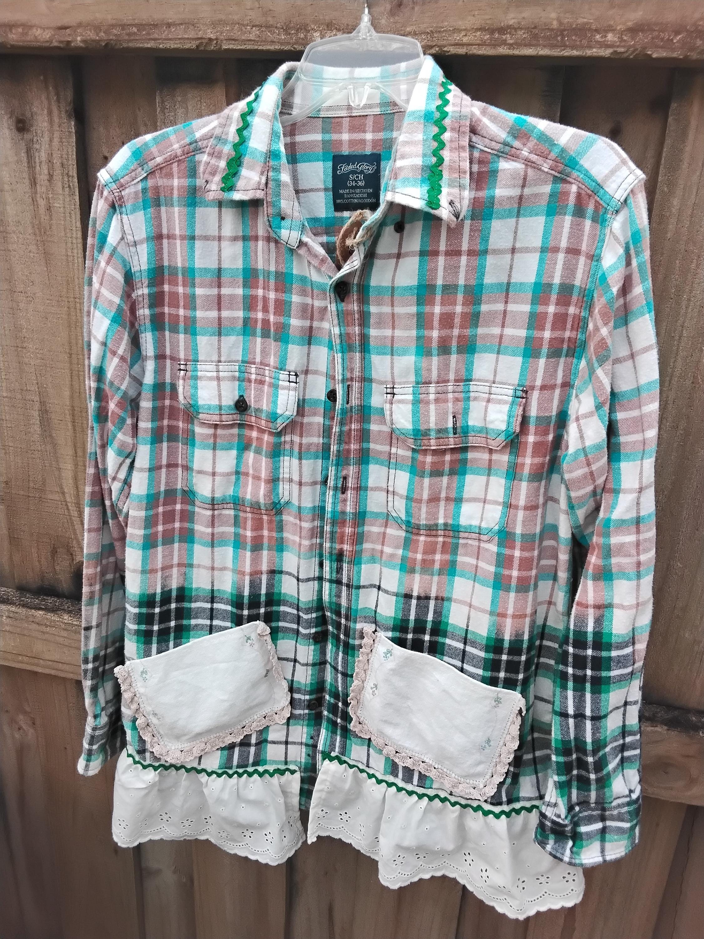 Upcycled Flannel Shirt With Lace and Screen Print - Ladies M - Etsy