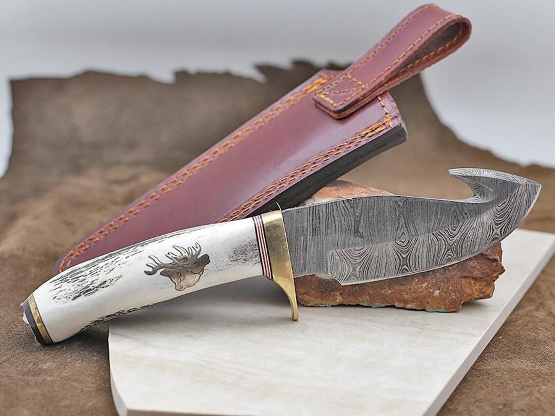 Large Damascus Fixed Blade Knife W/silver ELK Inlay - Etsy