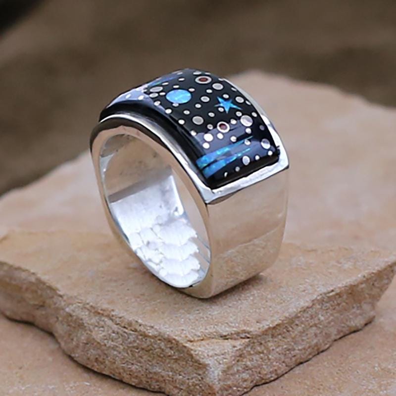 Large Navajo Inlay Night Sky Ring Flat Bottom Shank - Etsy