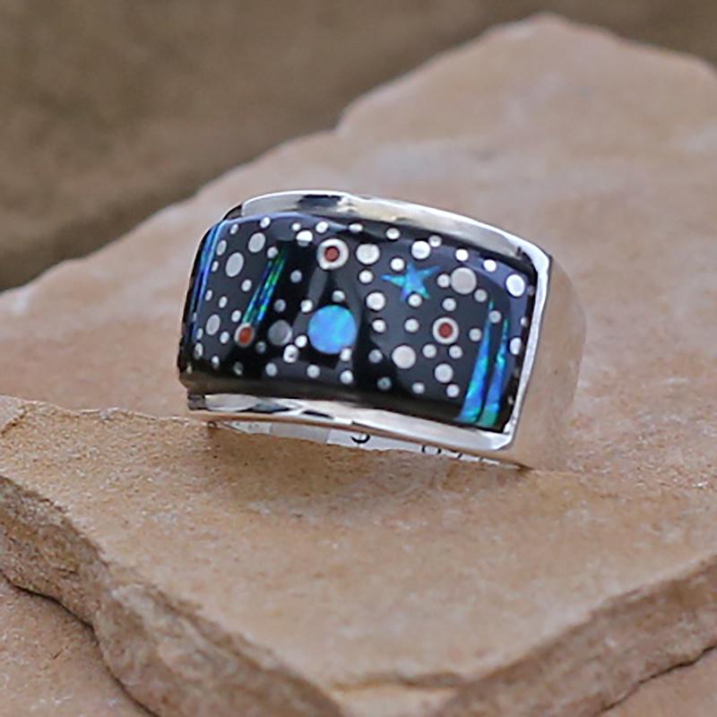 Large Navajo Inlay Night Sky Ring Flat Bottom Shank - Etsy