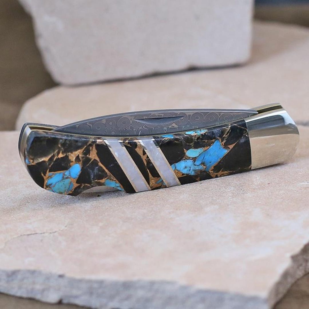 Composite Turquoise Inlay Pocket Knife Damascus - Etsy