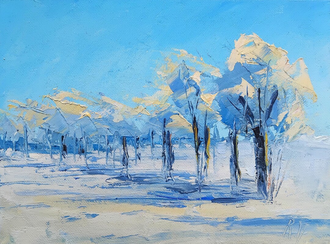 Winter Minimalistic Impressionism Oil Painting 7x9.5" Frosty Trees in ...
